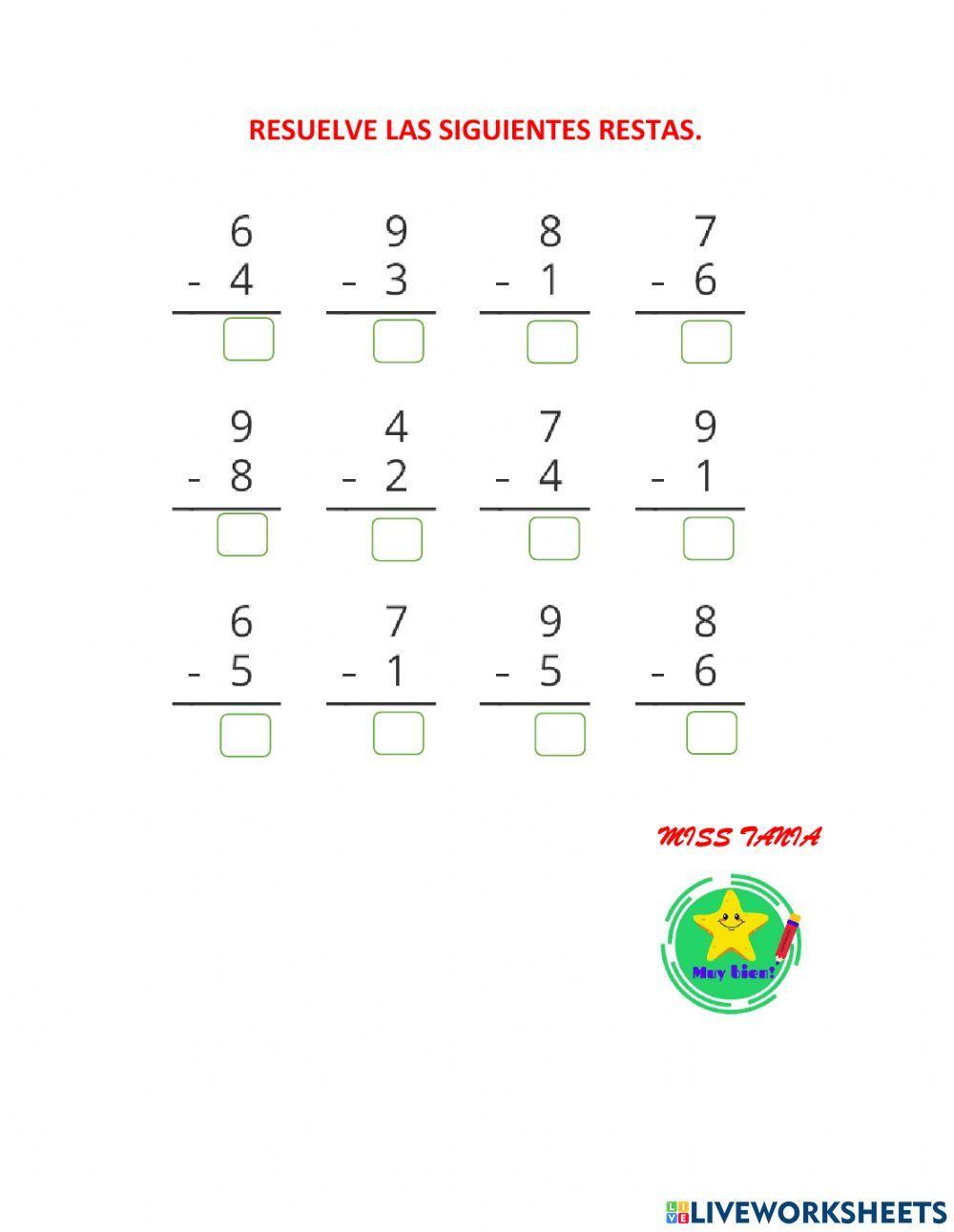 Restas worksheet for PRIMERO | Live Worksheets