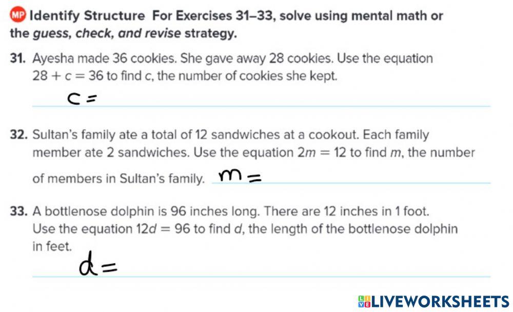 G6 Starter Solving and Writing Addition Equations worksheet | Live ...
