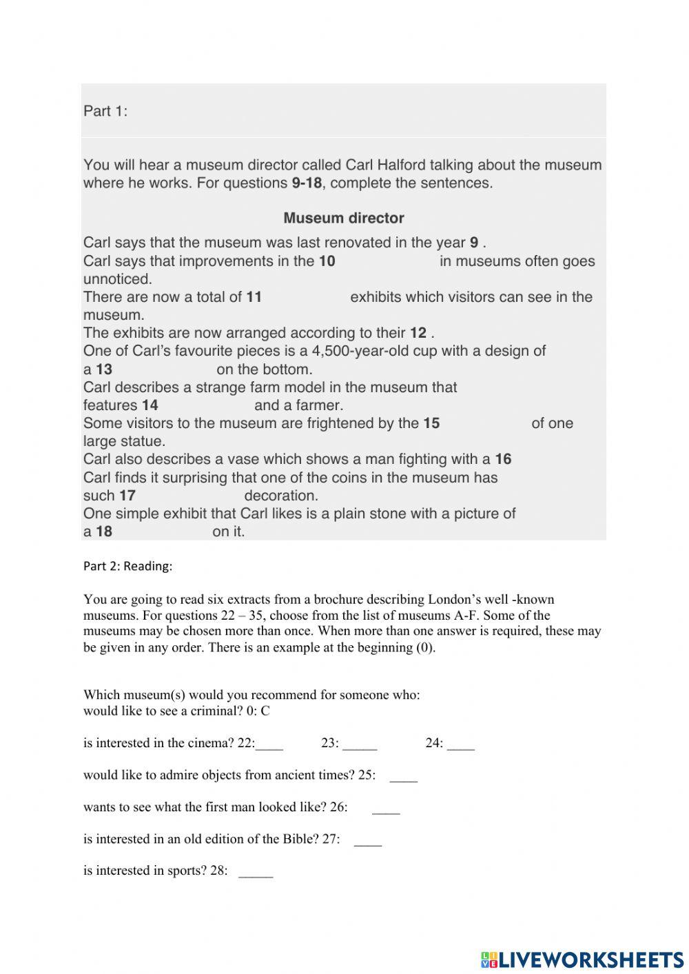 Museum exercise | Live Worksheets