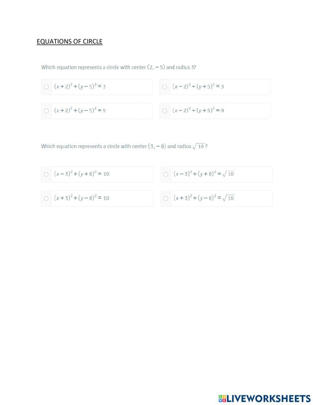 Equations of circle online exercise for | Live Worksheets