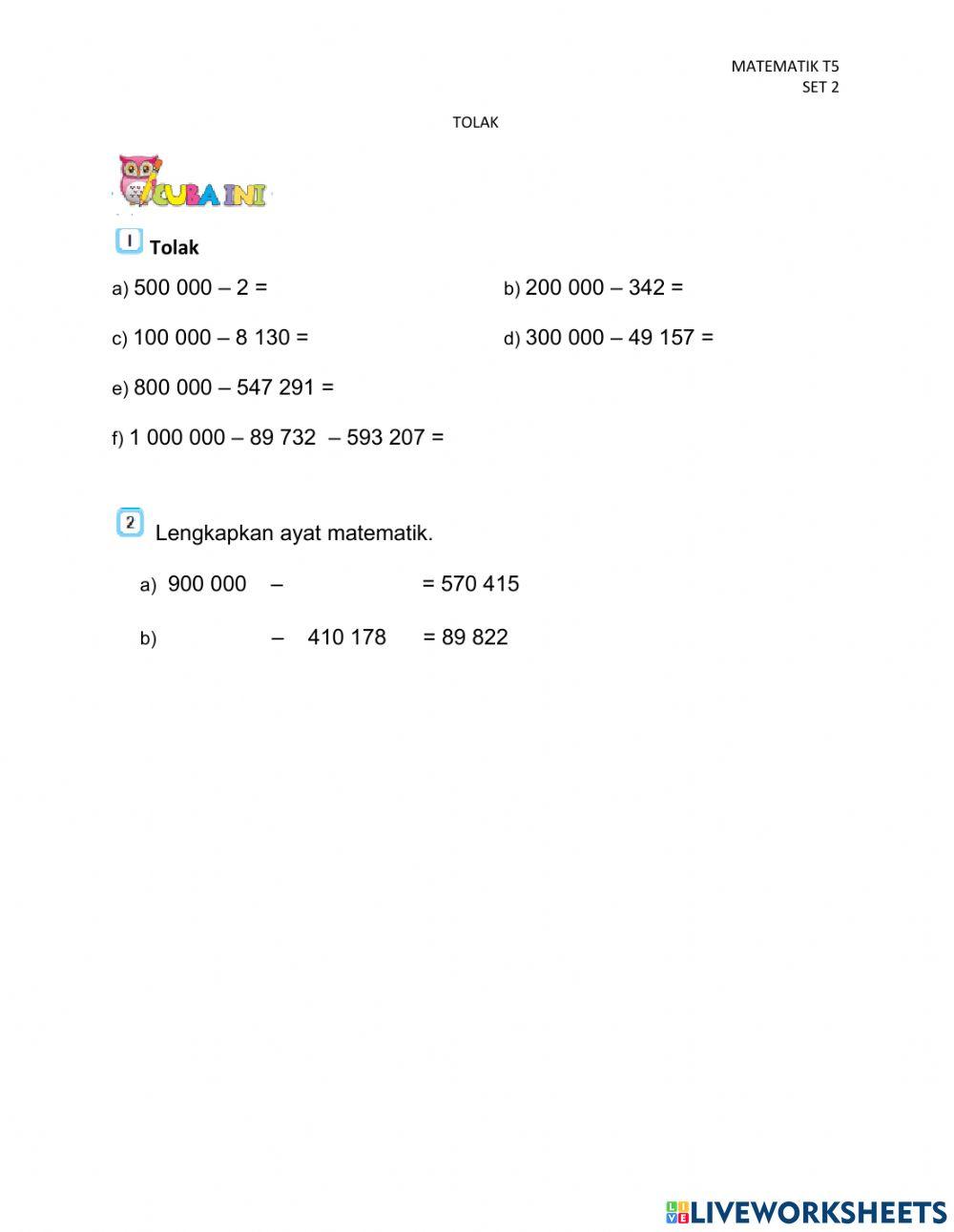 Tolak online worksheet for TAHUN 5 | Live Worksheets