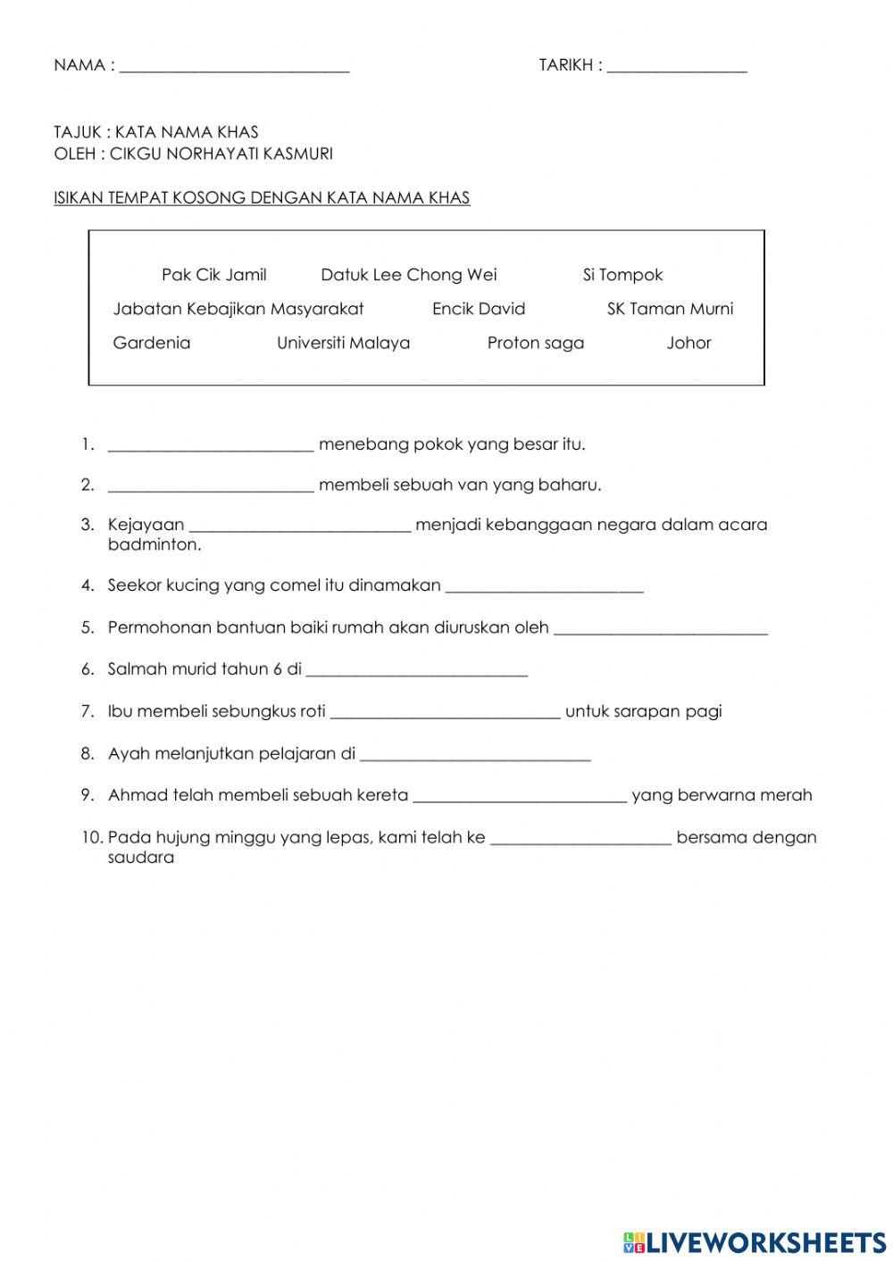 Kata nama khas activity for PEND. KHAS | Live Worksheets