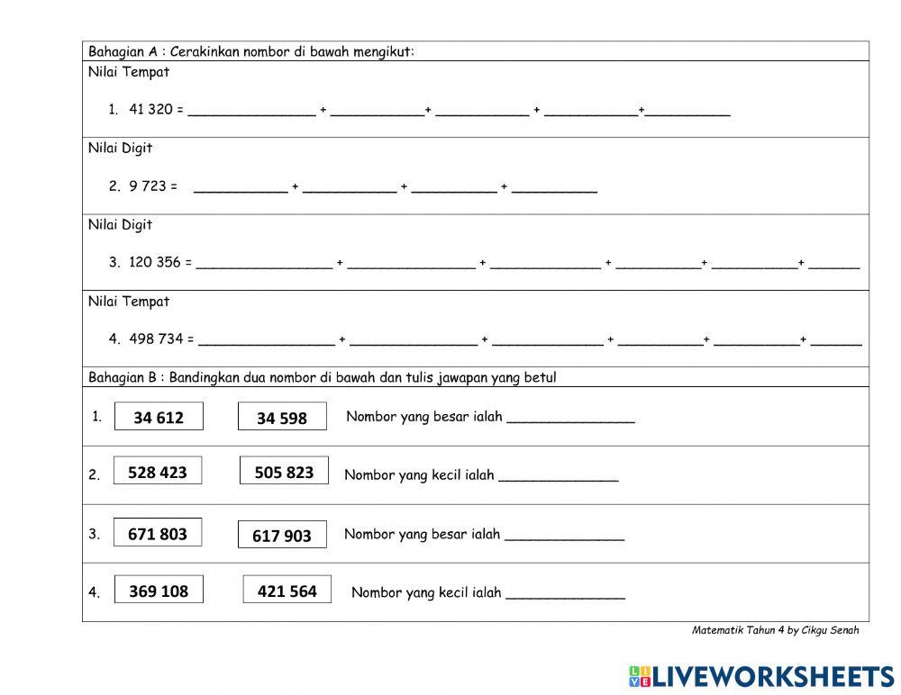 Matematik Tahun 4 online pdf worksheet | Live Worksheets