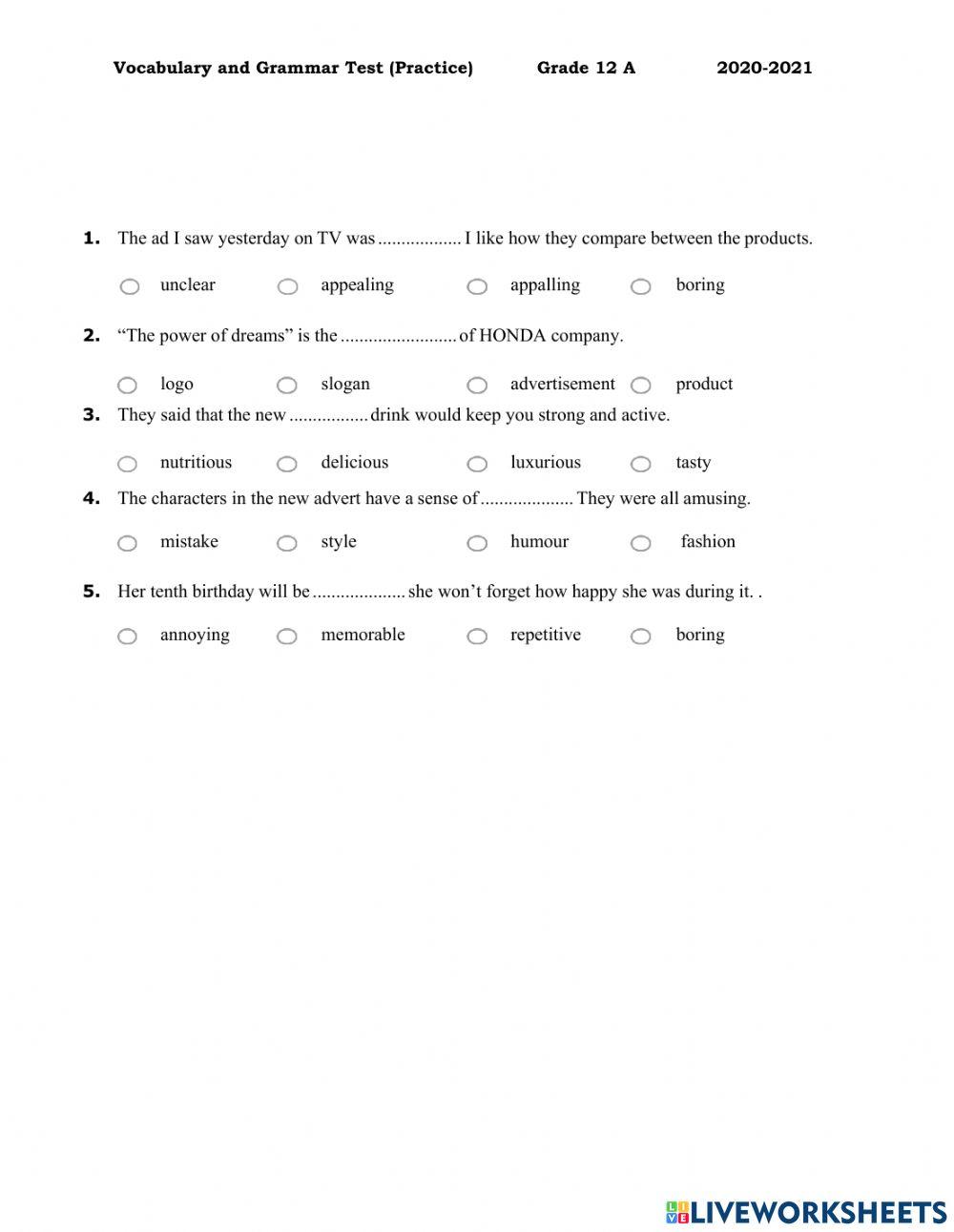 12 grammar rev 1 online exercise for | Live Worksheets