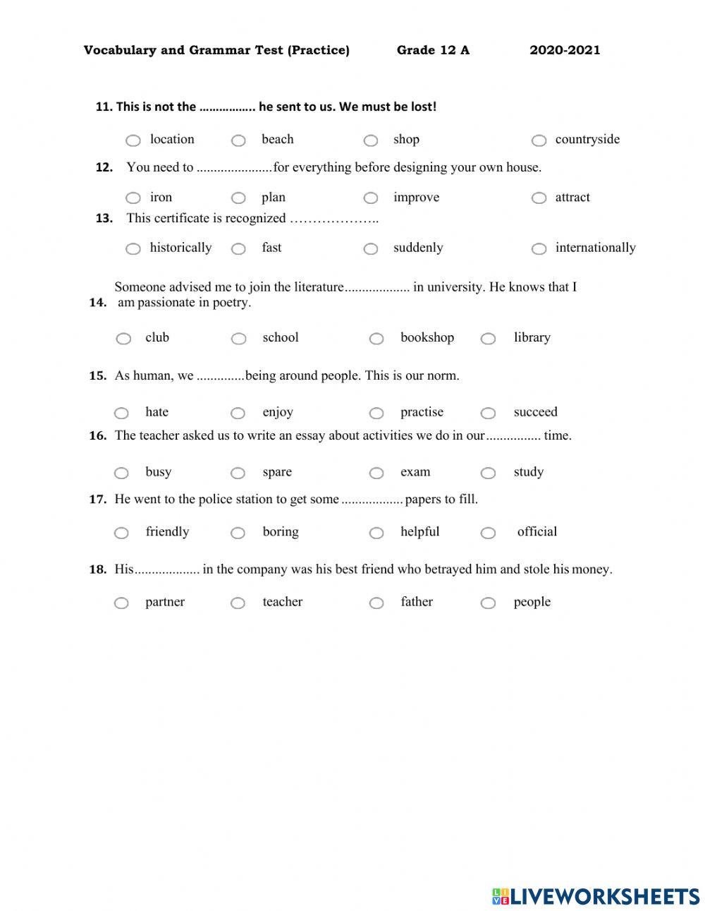 12 grammar rev 1 online exercise for | Live Worksheets