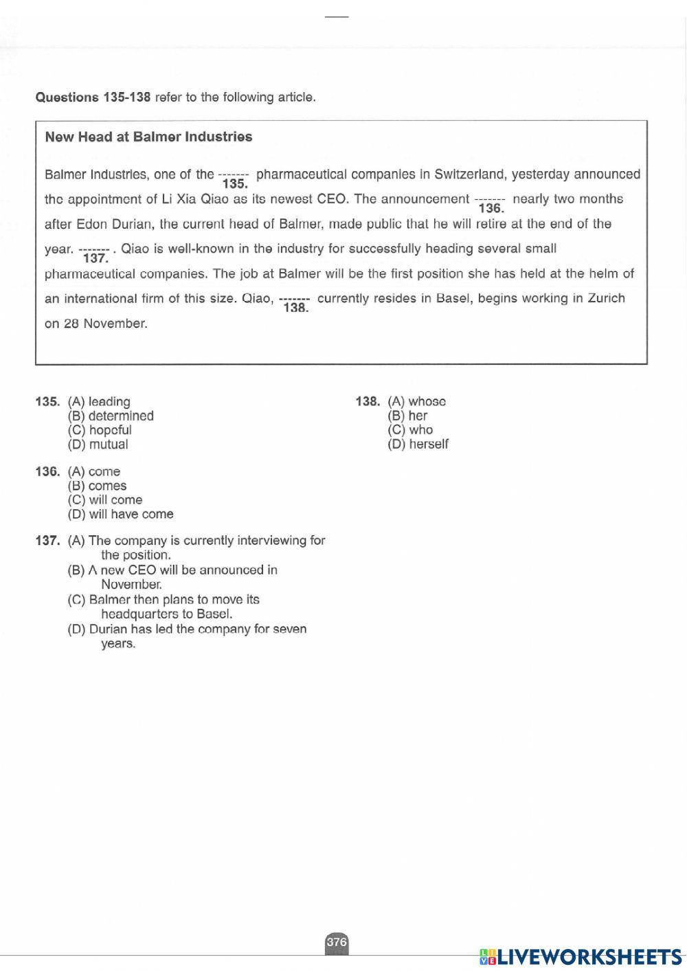 TOEIC Parts 5 - 6. online exercise for | Live Worksheets