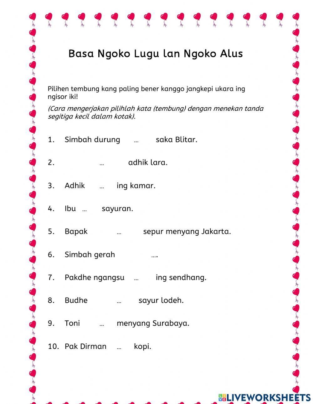 Basa Ngoko Lugu lan Ngoko Alus worksheet | Live Worksheets