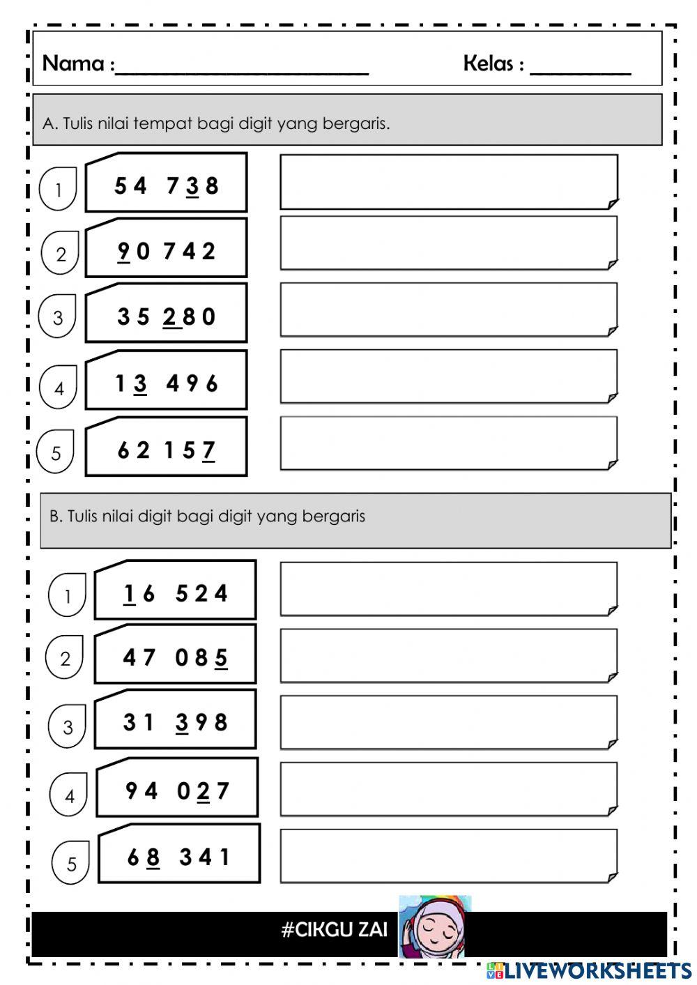 Nilai Tempat & Nilai Digit worksheet | Live Worksheets