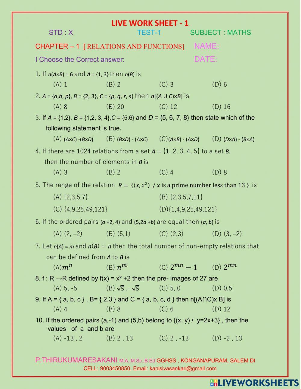 X STD 1. RELATIONS and FUNCTIONS worksheet | Live Worksheets