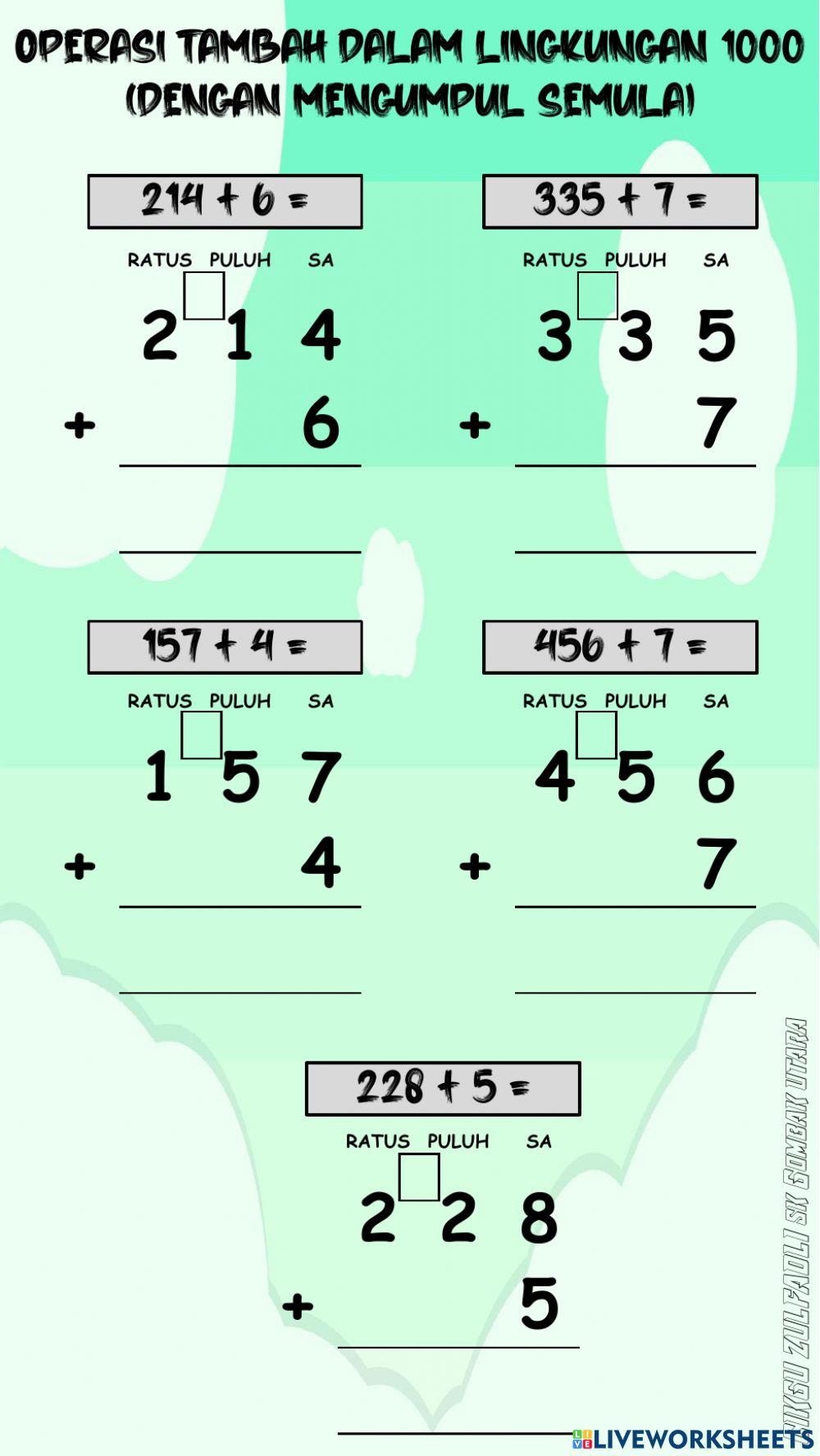 Operasi tambah lingkungan 1000 dengan mengumpul semula worksheet | Live ...