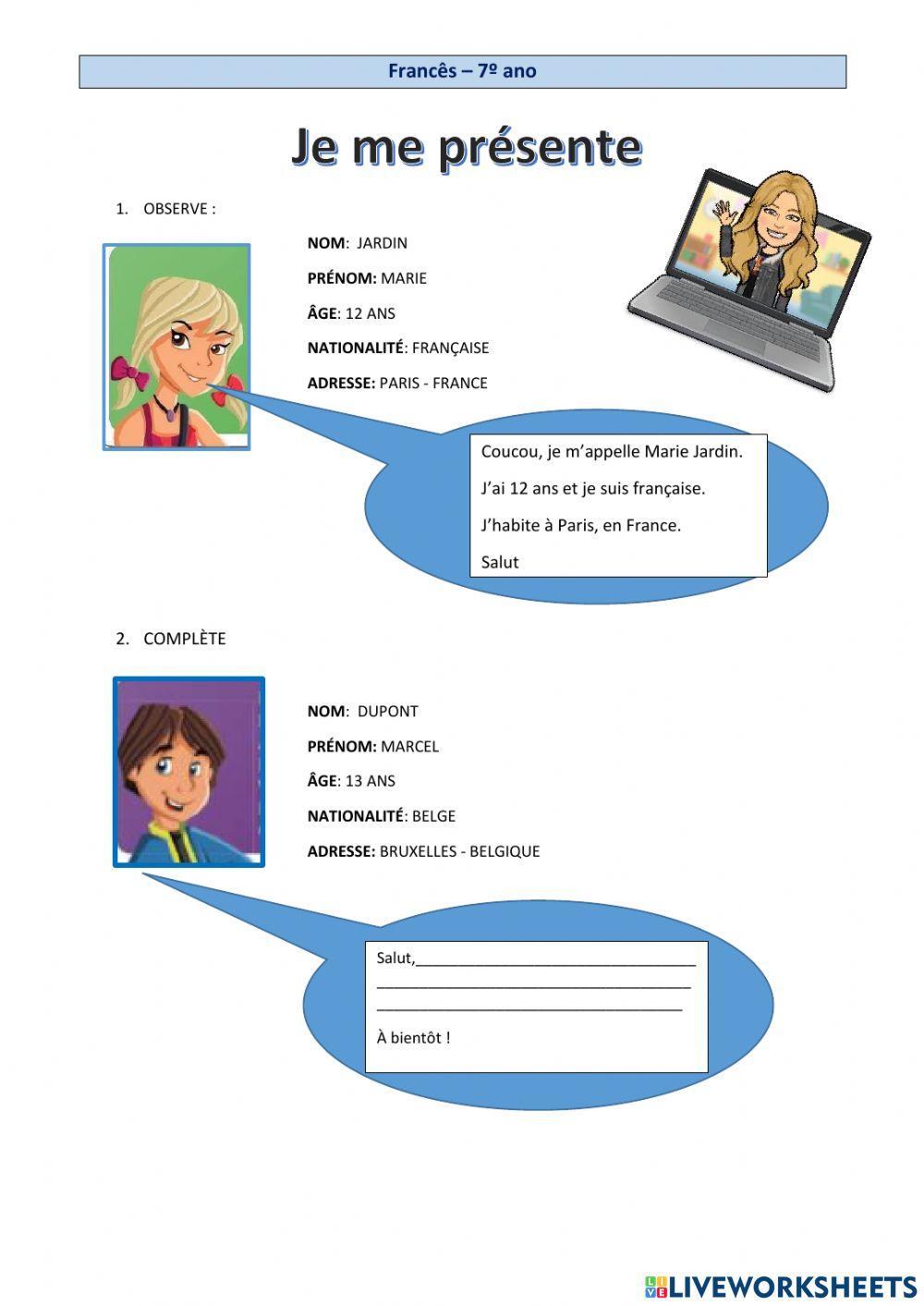 Se présenter free online worksheet | Live Worksheets