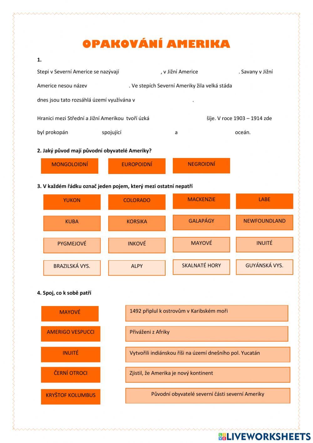 Opakování ameri… | Free Interactive Worksheets | 702387