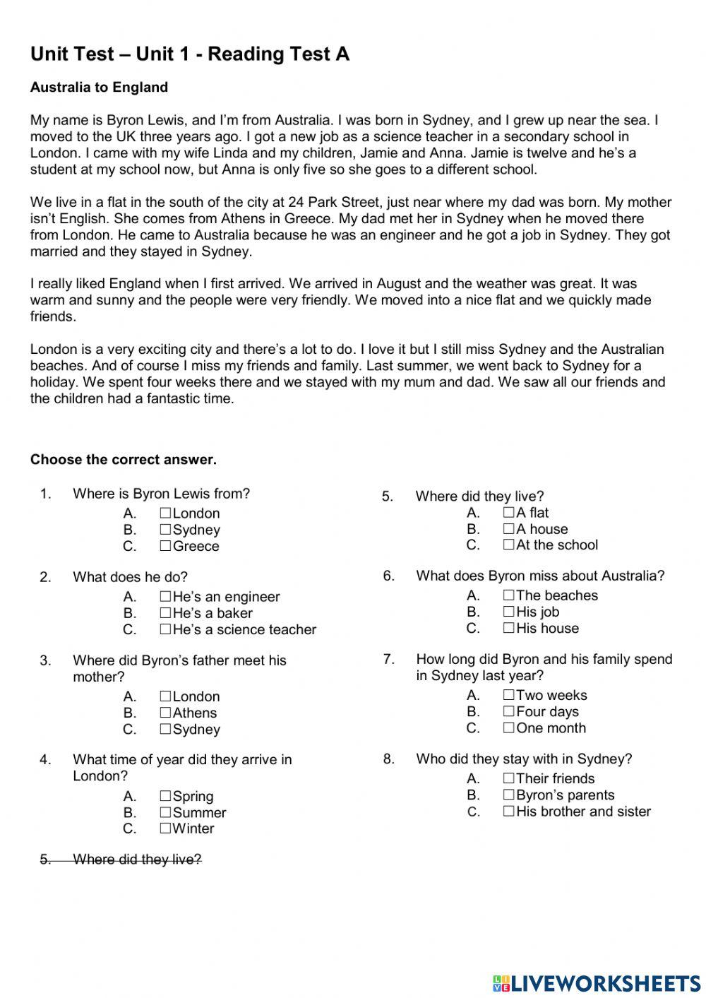 Pro3-Unit1-READING TEST worksheet | Live Worksheets
