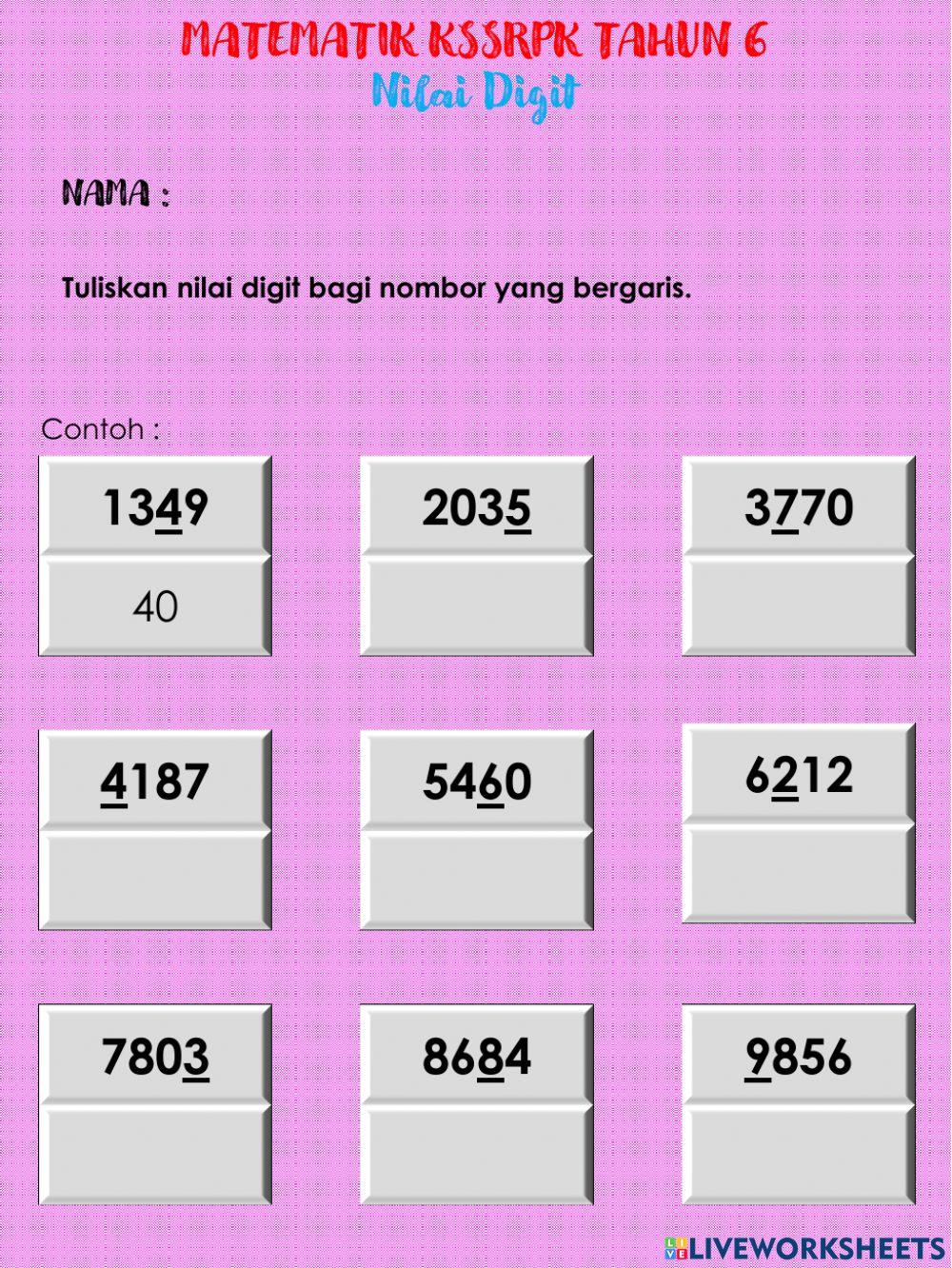 Nilai Digit 703060 | eveersty | Live Worksheets