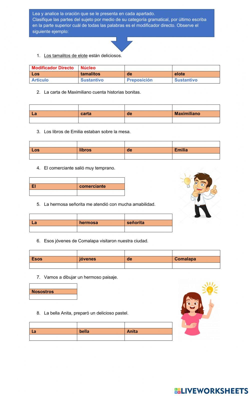 Estructura del sujeto: Modificador directo worksheet | Live Worksheets