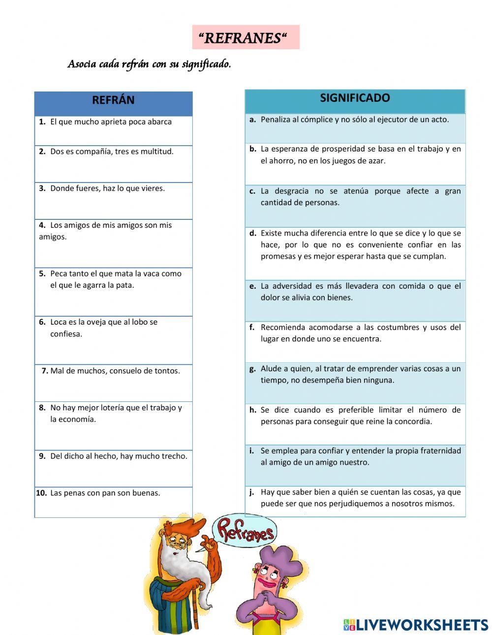 Refranes online pdf worksheet for ESPAÑOL | Live Worksheets