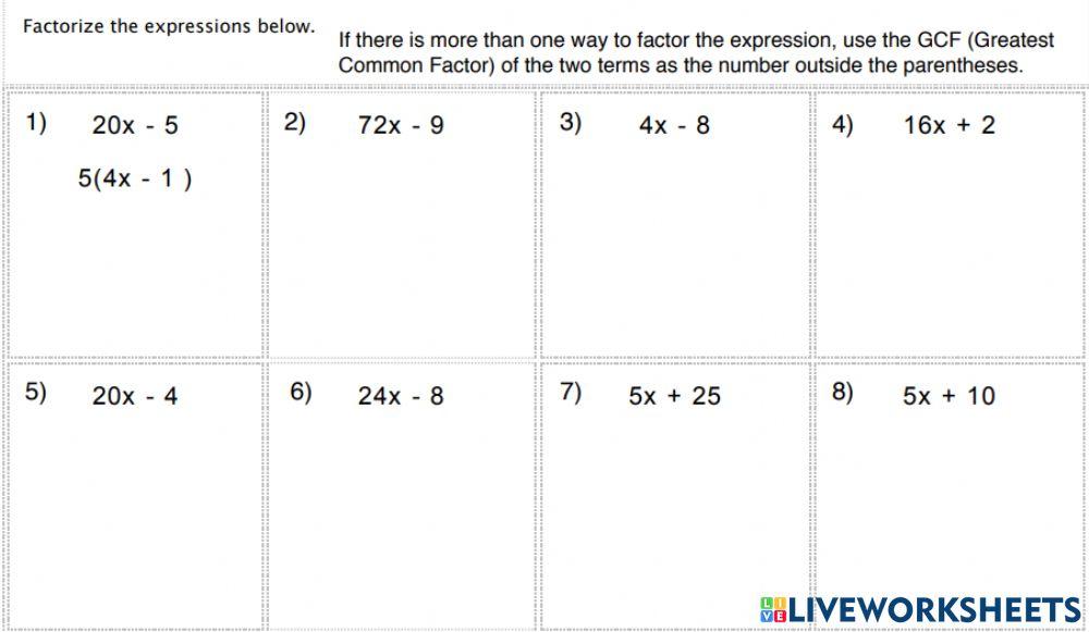 factoring linear Expression online exercise for | Live Worksheets factoring linear Expression online exercise for | Live Worksheets