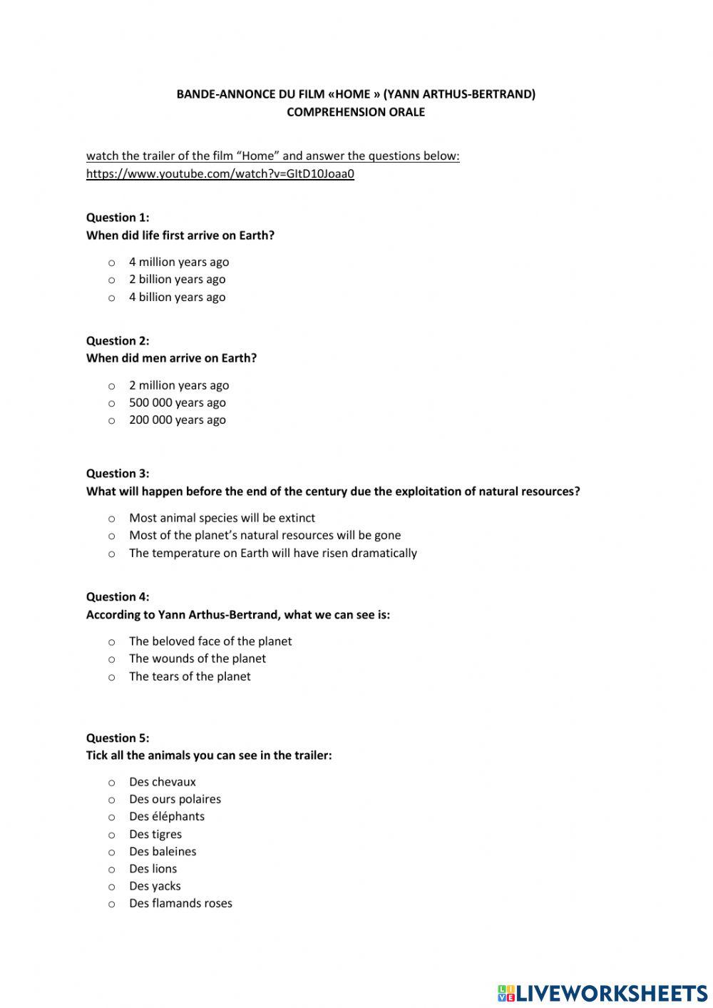-Home- listening comprehension on the trailer worksheet | Live Worksheets
