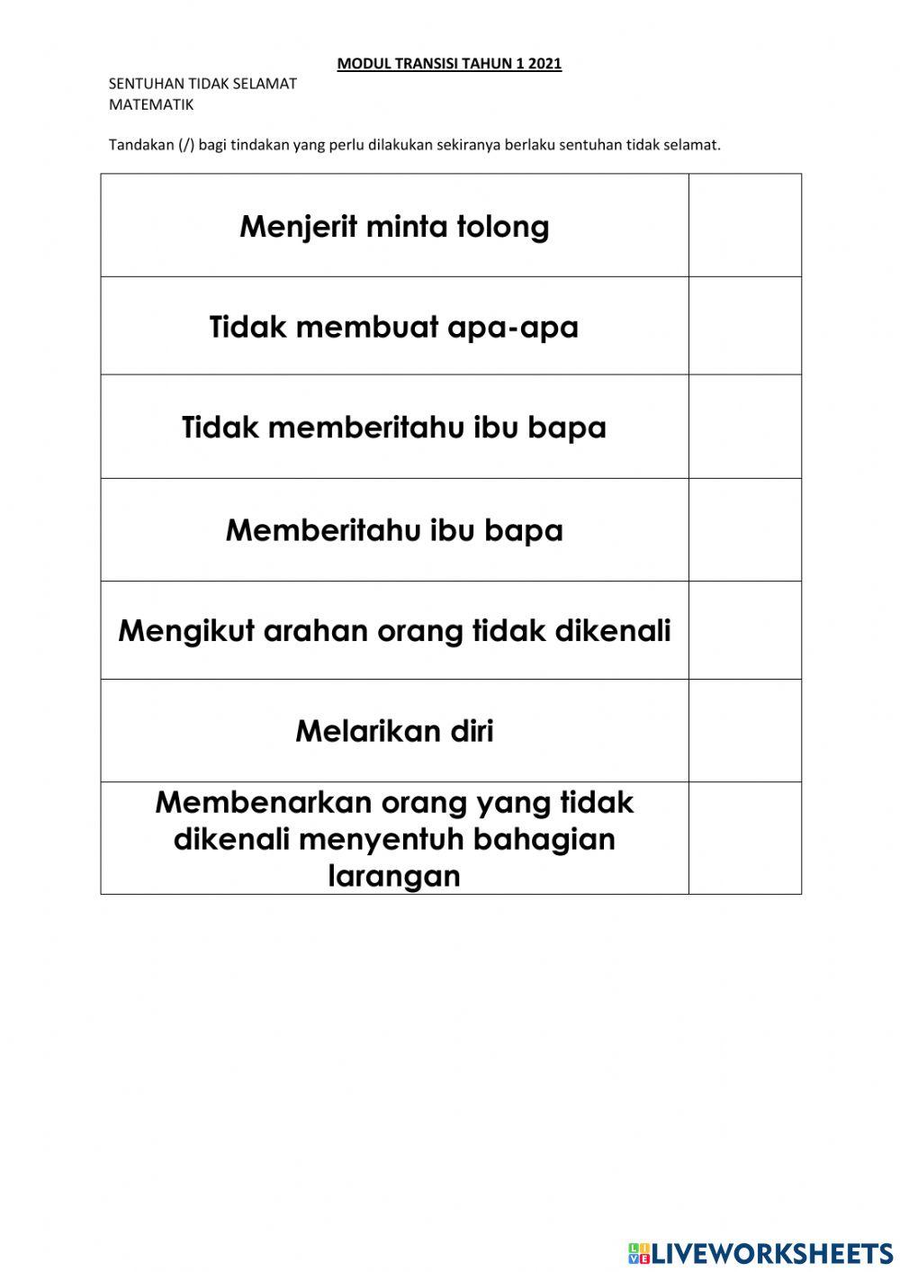 Modul Transisi Tahun 1 worksheet | Live Worksheets