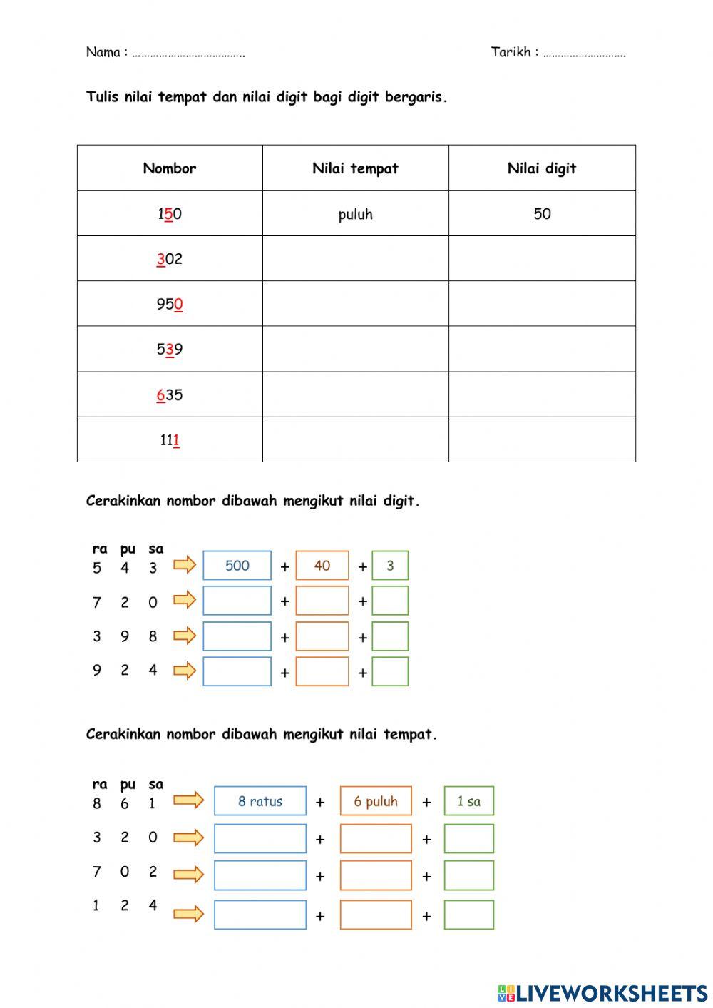 Nilai tempat, nilai digit, cerakin nombor worksheet | Live Worksheets
