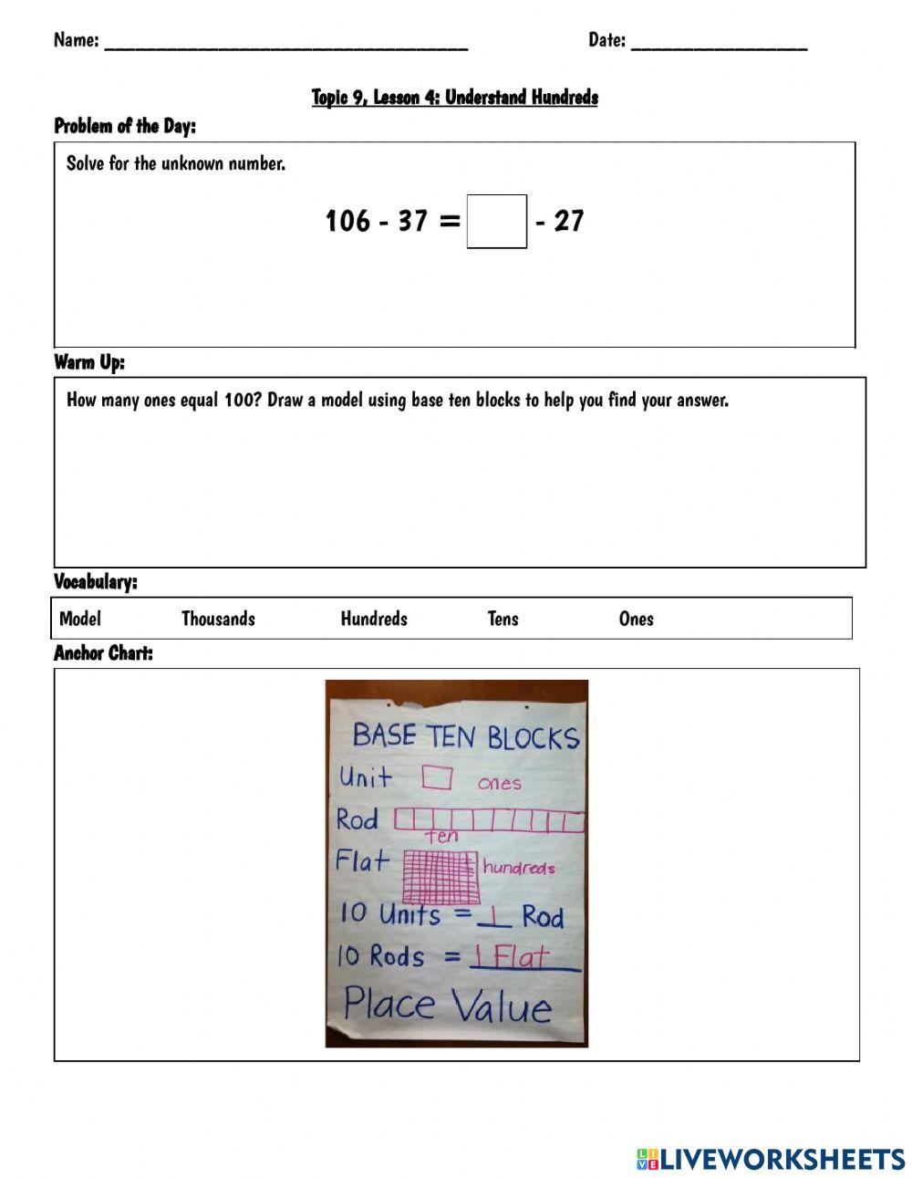 Topic 9, Lesson 4: Understand Hundreds online exercise for | Live ...