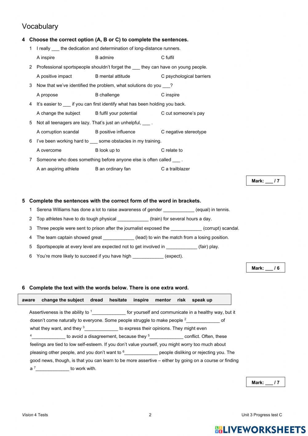 VISION 4 UNIT 3 online exercise for | Live Worksheets
