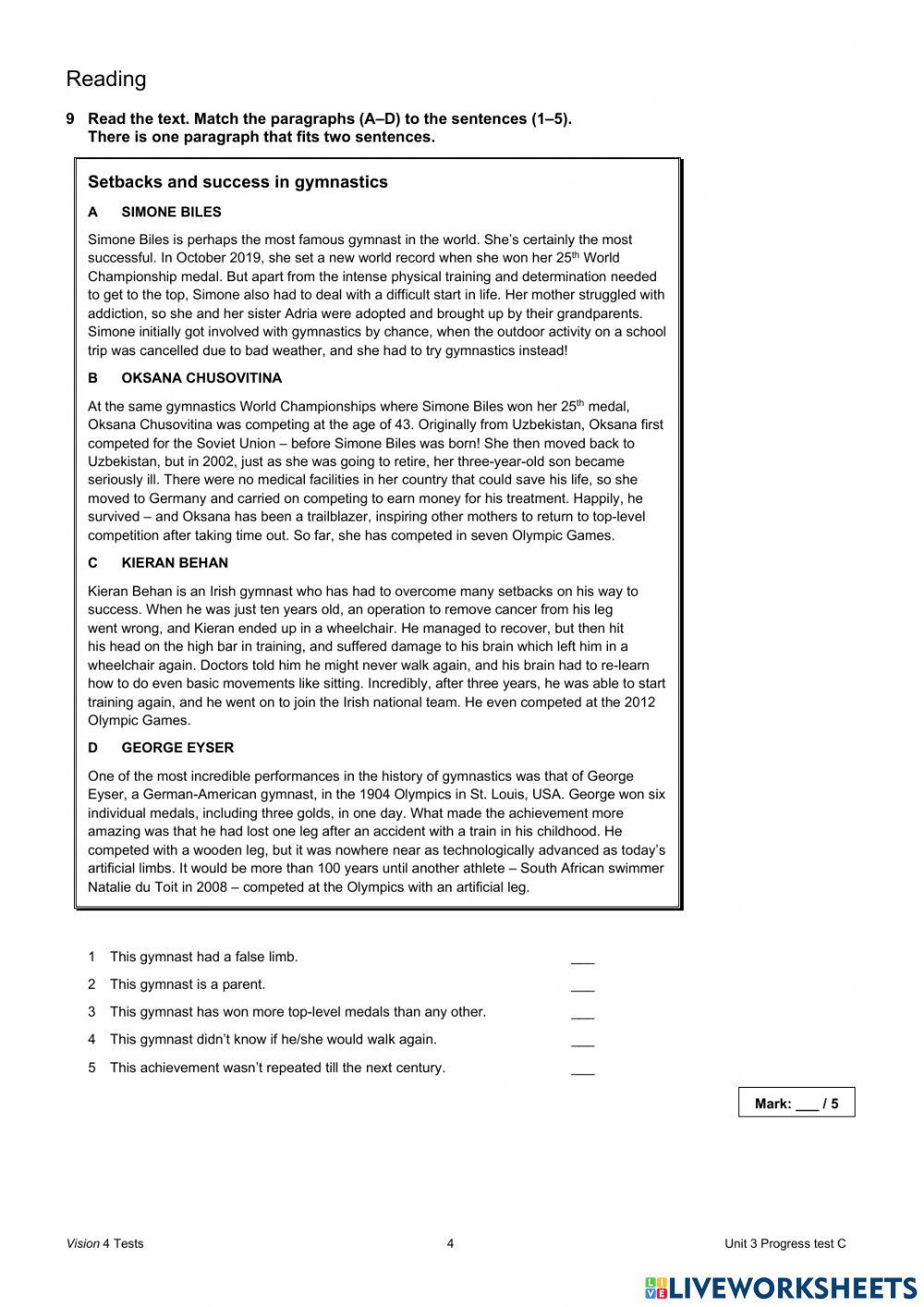 VISION 4 UNIT 3 online exercise for | Live Worksheets