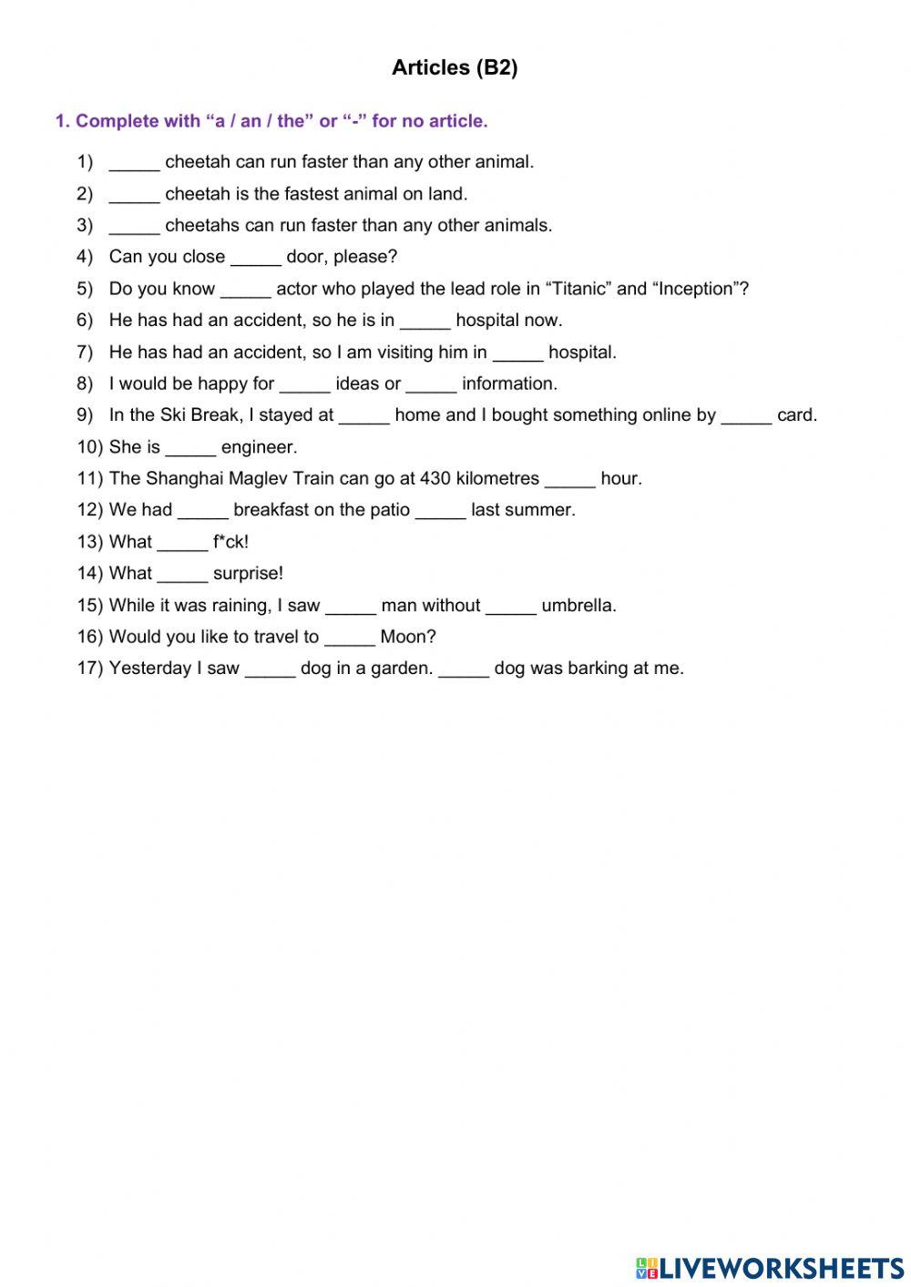 Articles online exercise for Intermediate | Live Worksheets