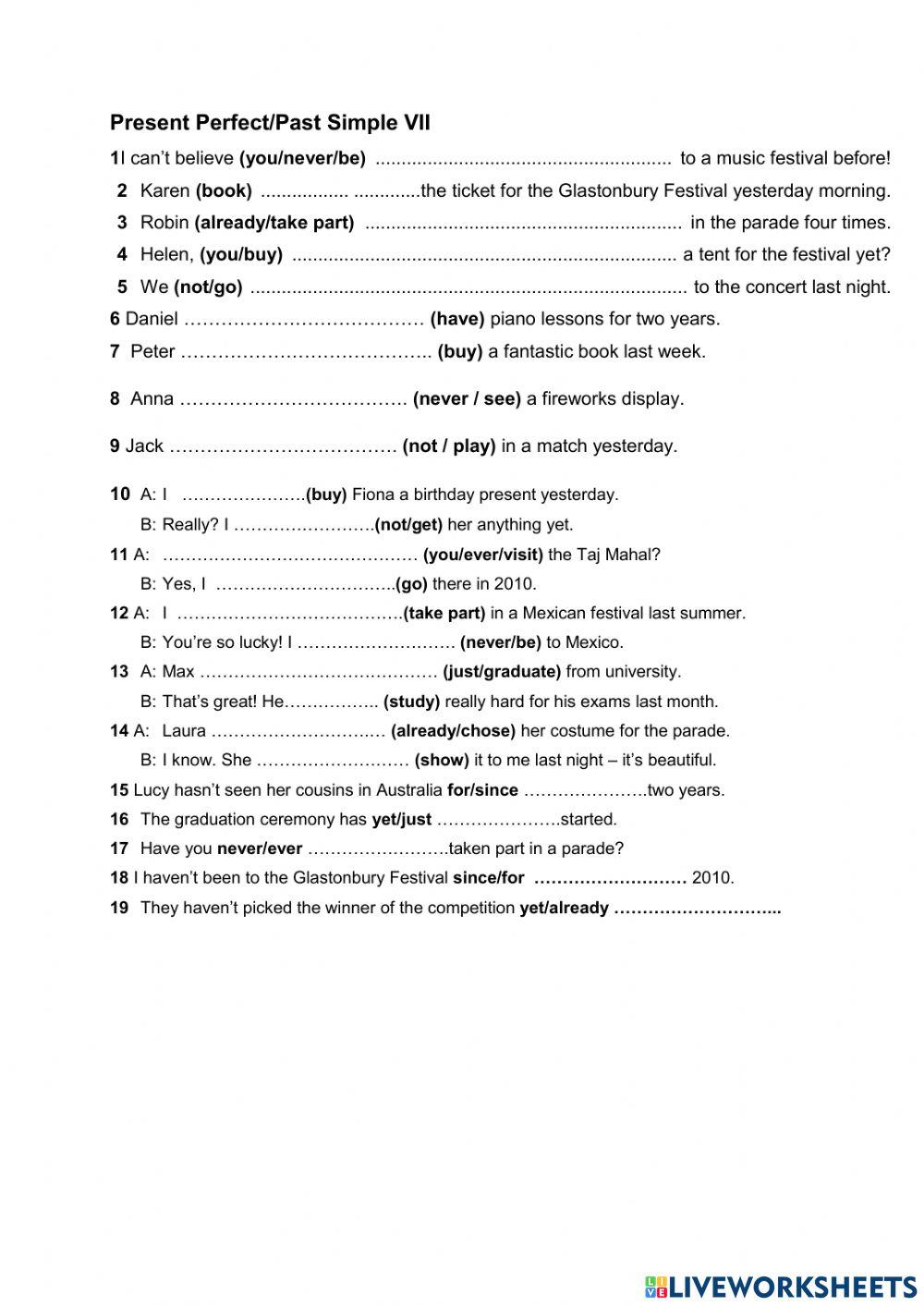 Past simple-present perfect interactive worksheet | Live Worksheets