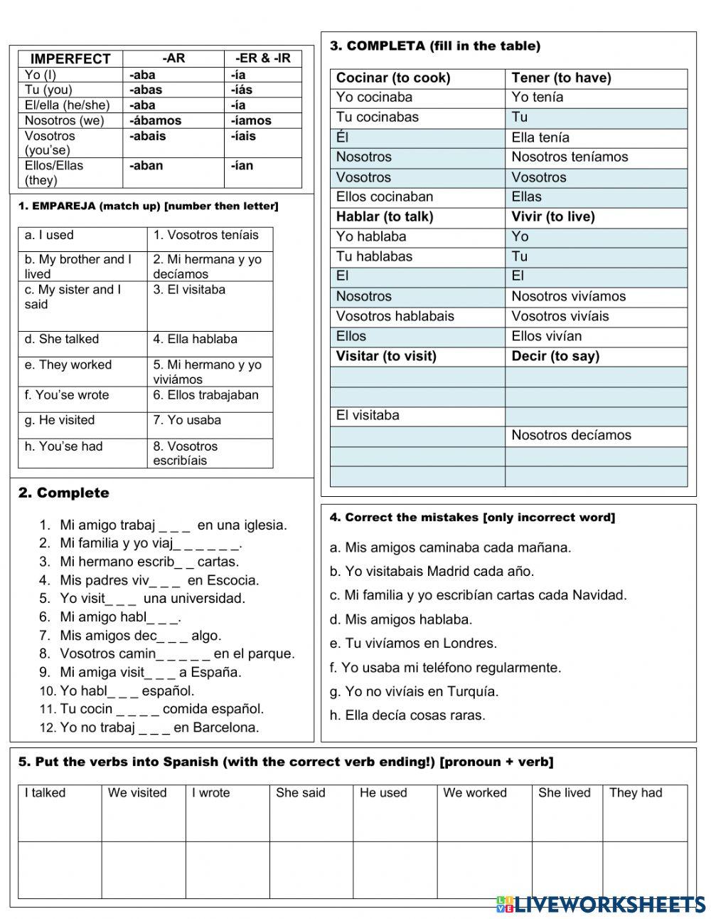 Imperfect Worksheet worksheet | Live Worksheets