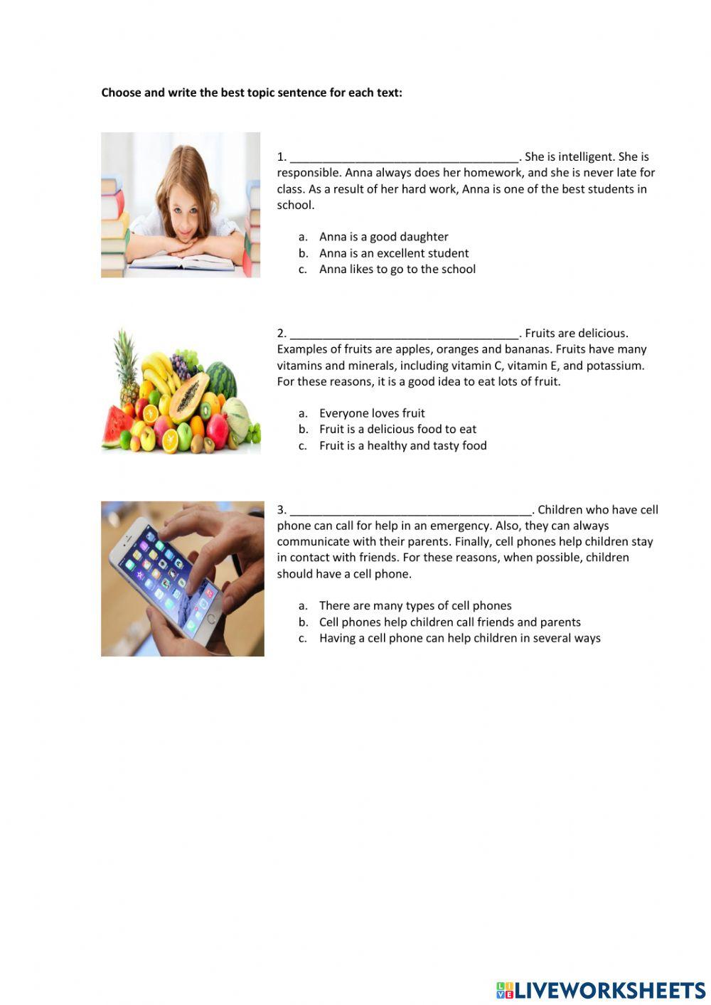 Topic Sentence online exercise for | Live Worksheets