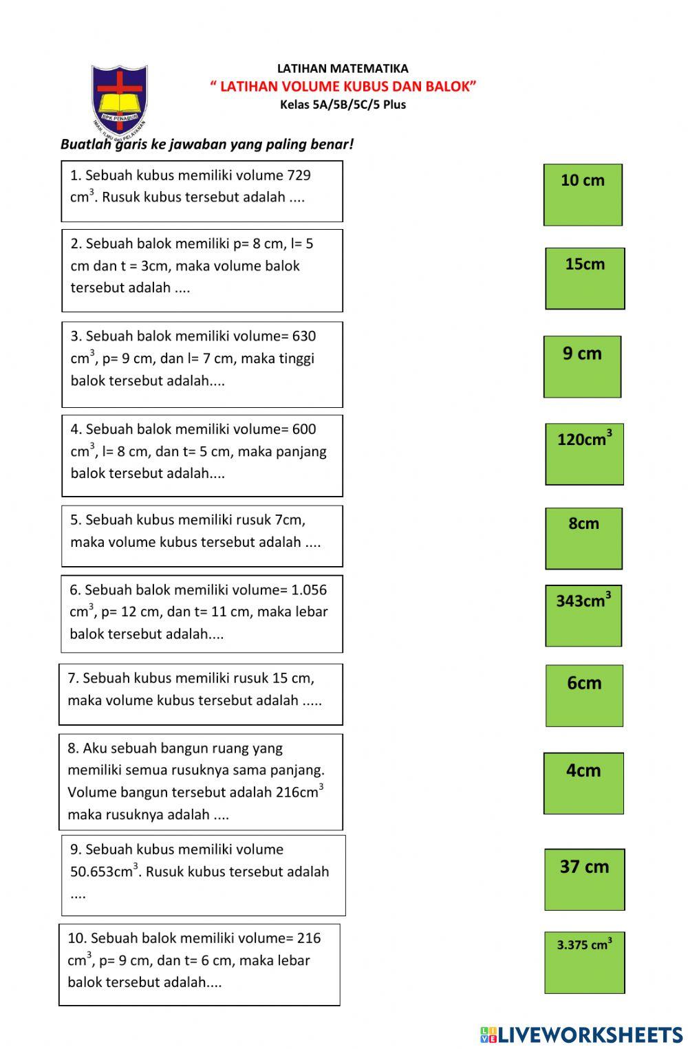 Volume Kubus dan Balok 2 worksheet | Live Worksheets