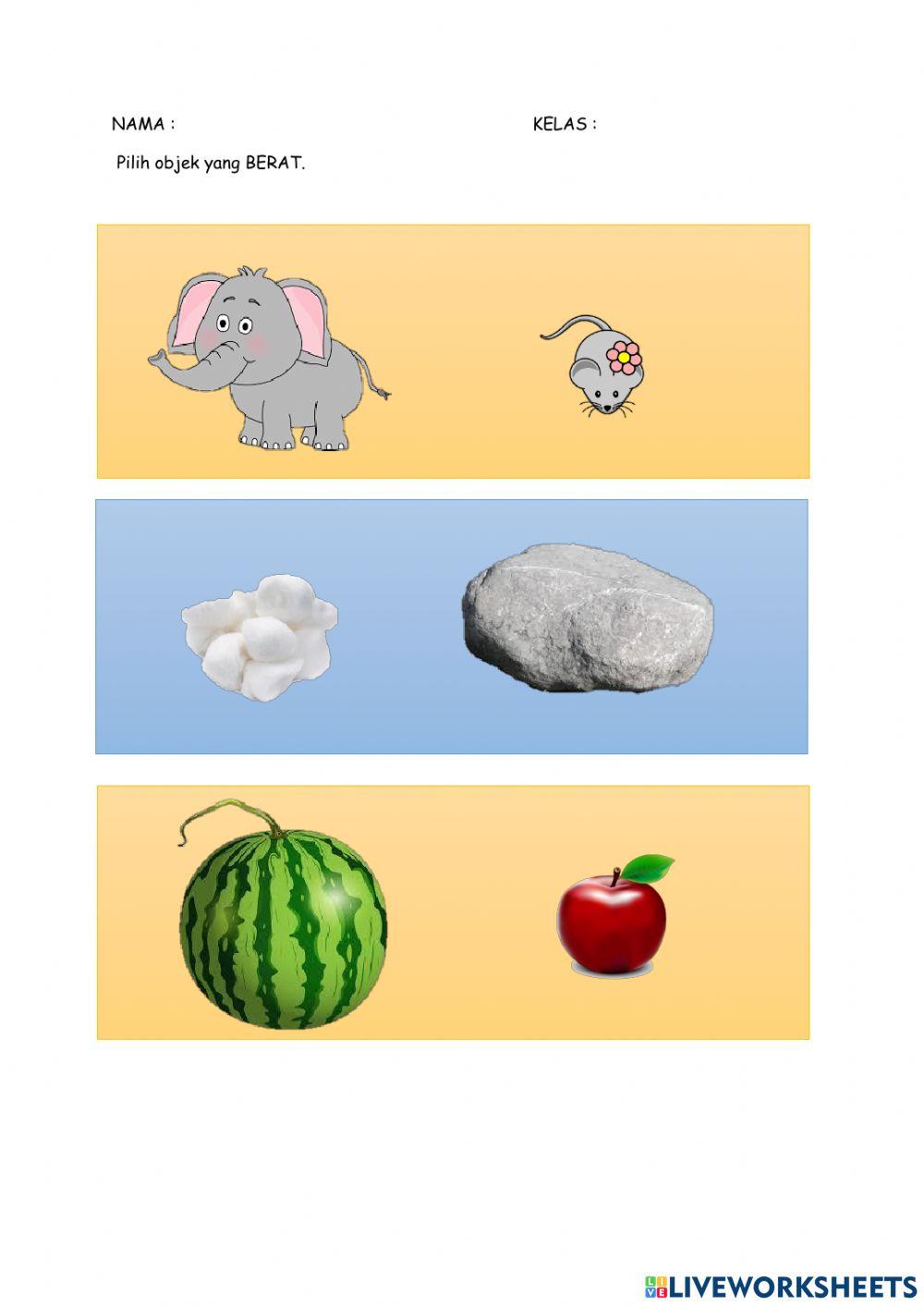 Matematik (kenal benda-berat, ringan worksheet | Live Worksheets