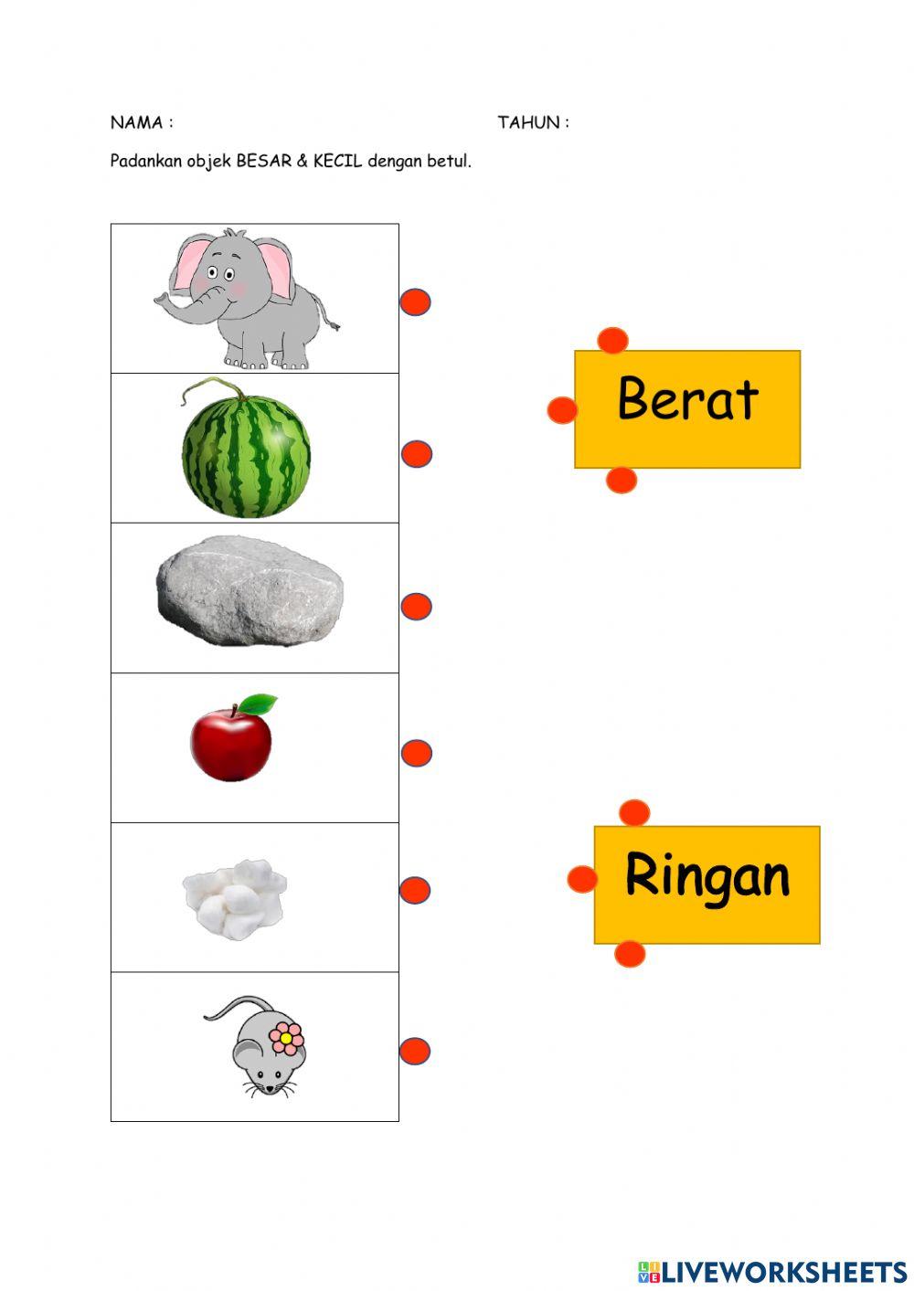 Matematik (kenal benda-berat, ringan worksheet | Live Worksheets