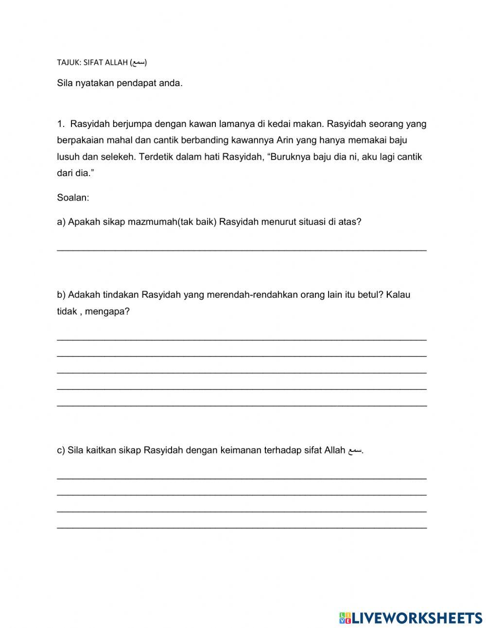Soalan kbat tajuk sifa alla sama' tahun 6 worksheet | Live Worksheets