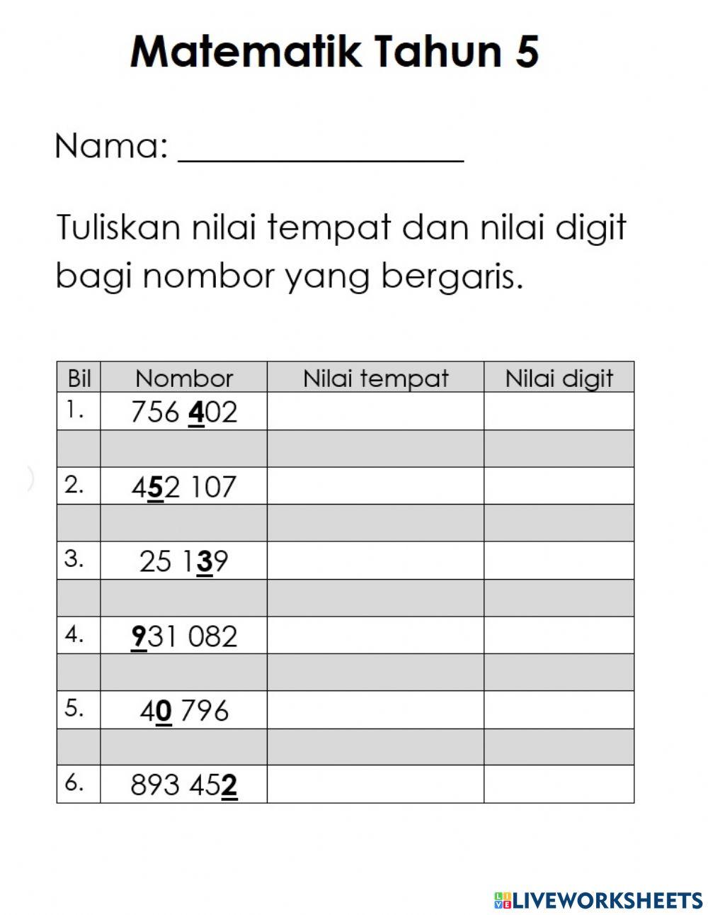 Matematik Tahun 5 online worksheet for Tahun 5 | Live Worksheets