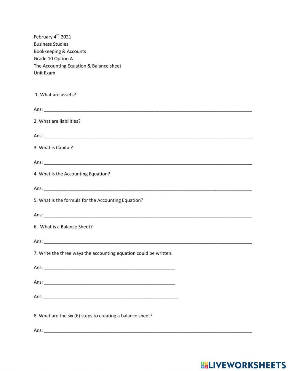 Accounting Worksheets For Grade 10