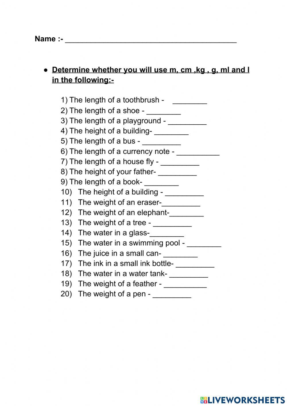 Determine length, mass and capacity online exercise for | Live Worksheets