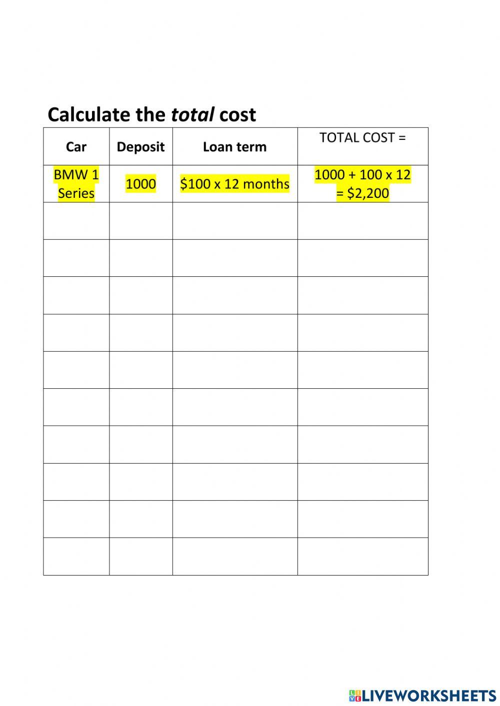 Hire purchase - Loan Term worksheet 1 online exercise for | Live Worksheets