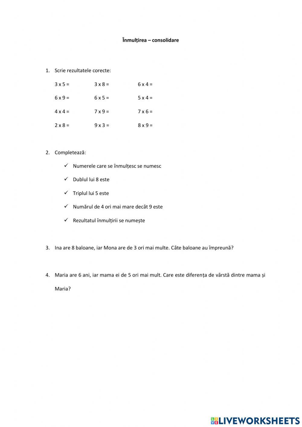 Inmultirea - consolidare interactive worksheet | Live Worksheets