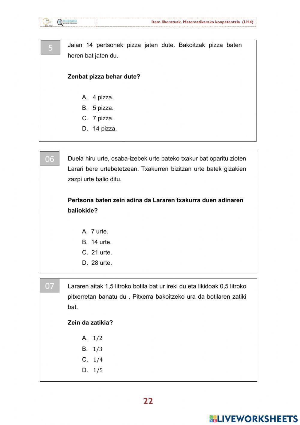 Matematika problemak worksheet | Live Worksheets