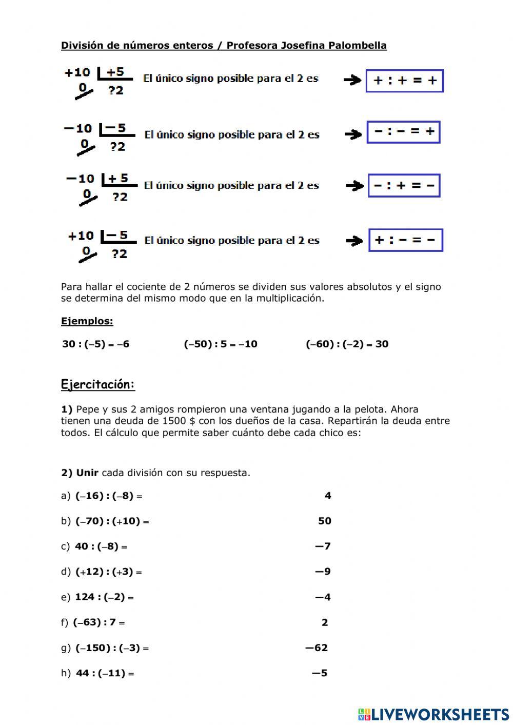 División de Enteros worksheet | Live Worksheets