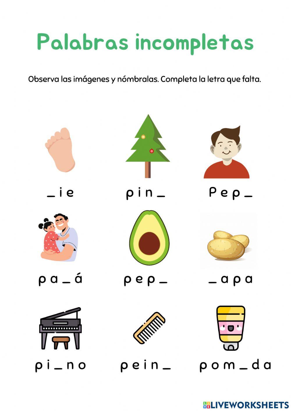 Palabras incomp… | Free Interactive Worksheets | 709234