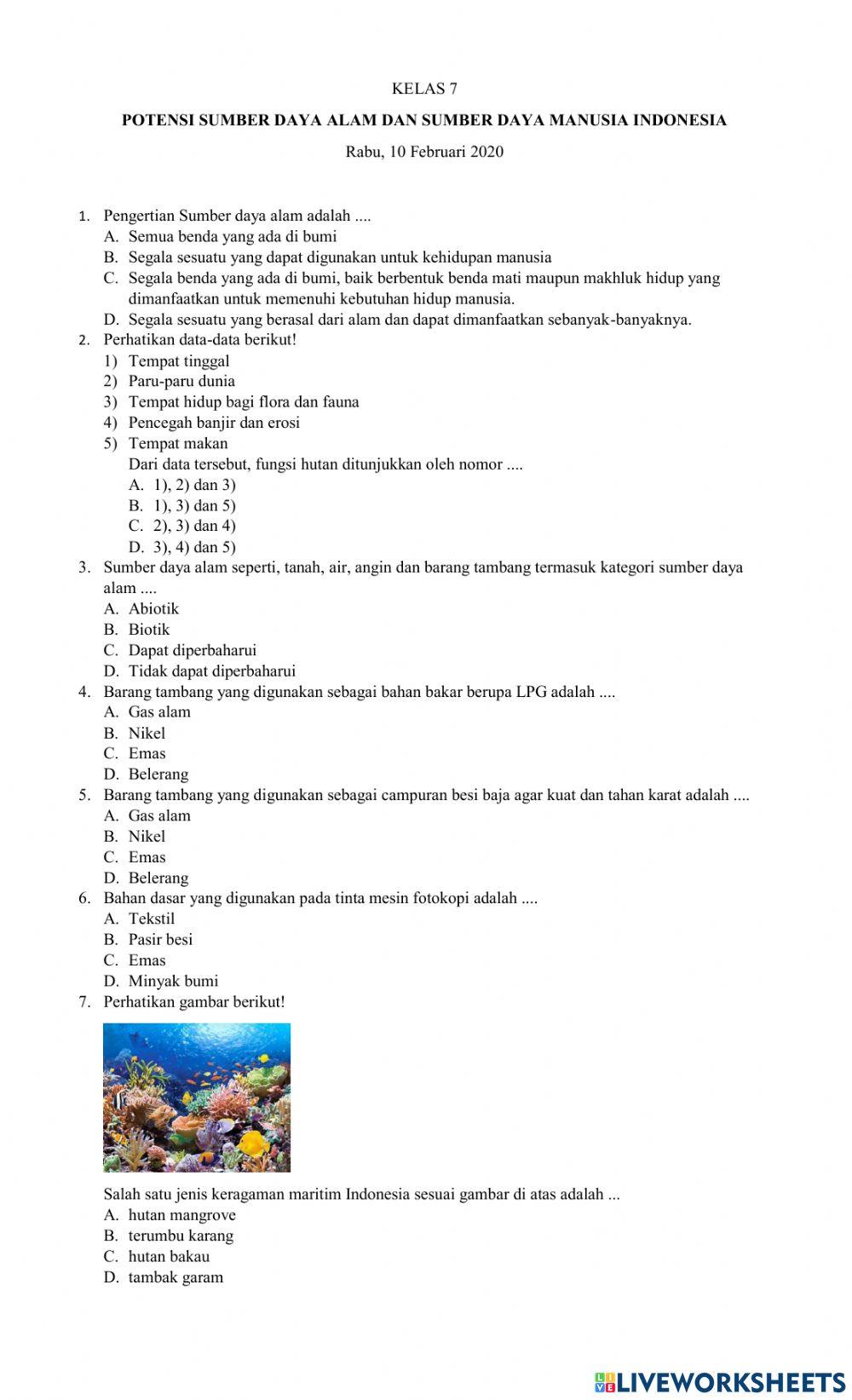 Potensi SDA & SDM Indonesia worksheet | Live Worksheets