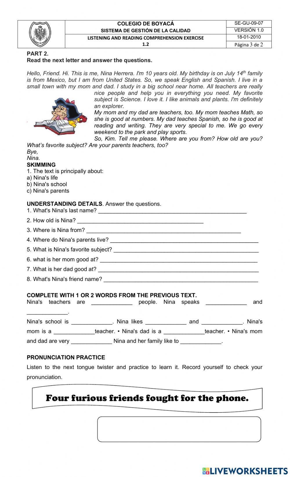 Listening and reading practice interactive worksheet | Live Worksheets