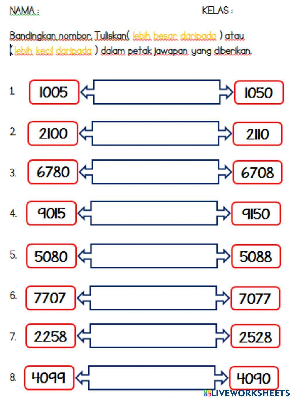 Banding nombor online worksheet for 3 | Live Worksheets