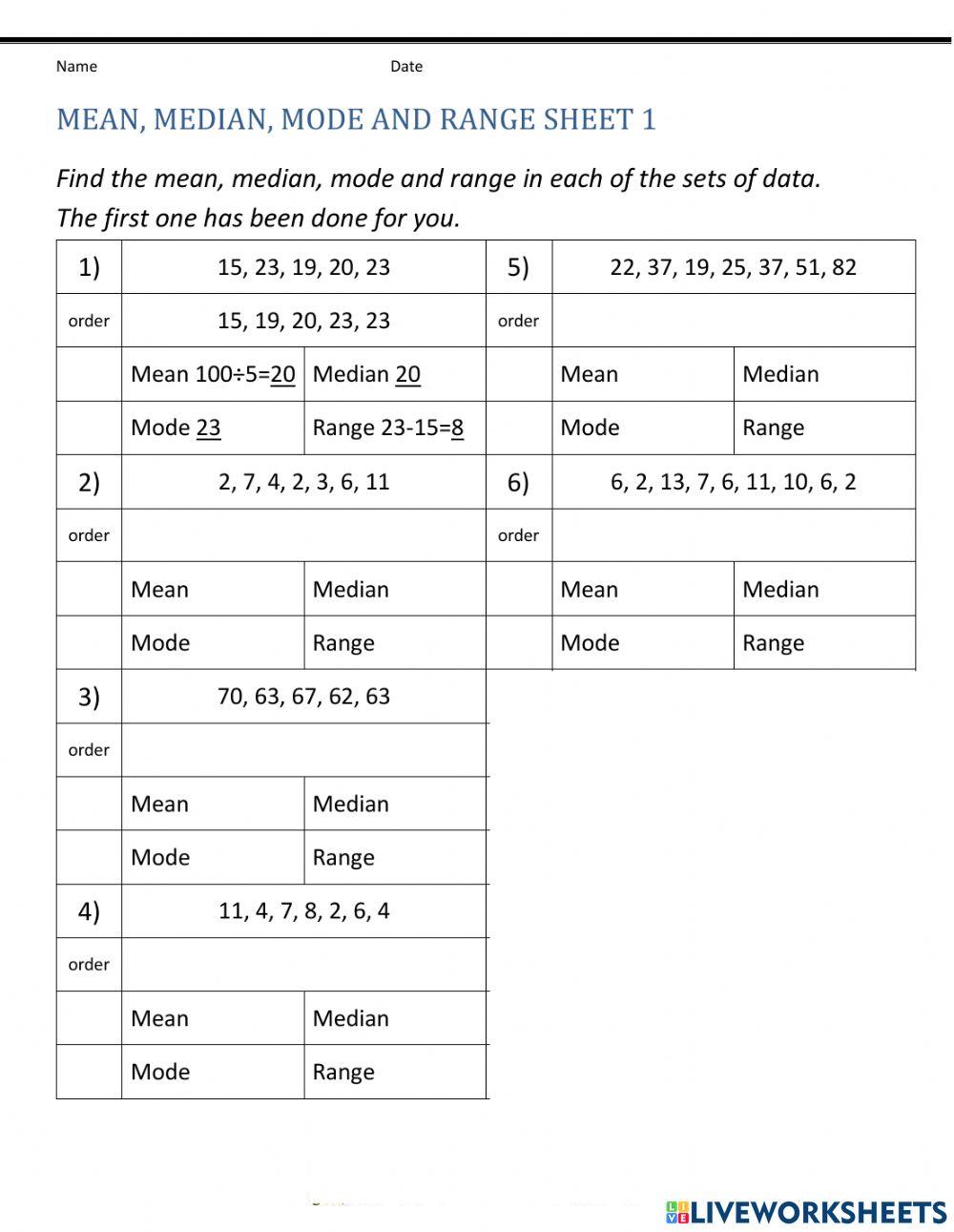 Mean Median Mode Range Worksheets