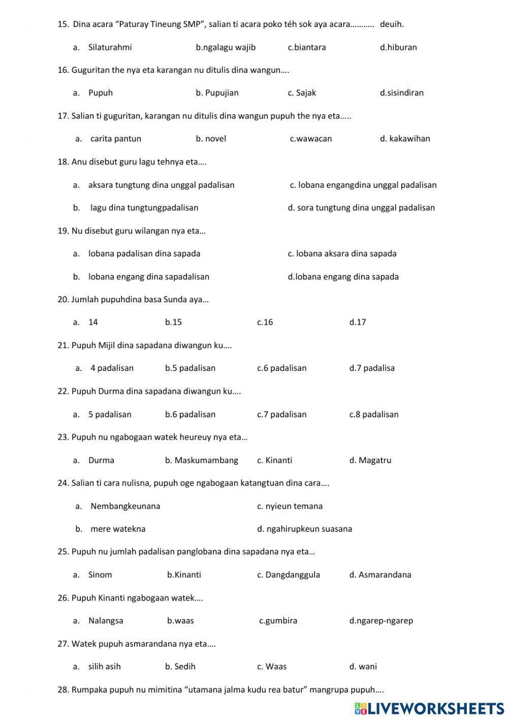 Penilaian tengah semester Bahasa Sunda kelas 8 worksheet | Live Worksheets