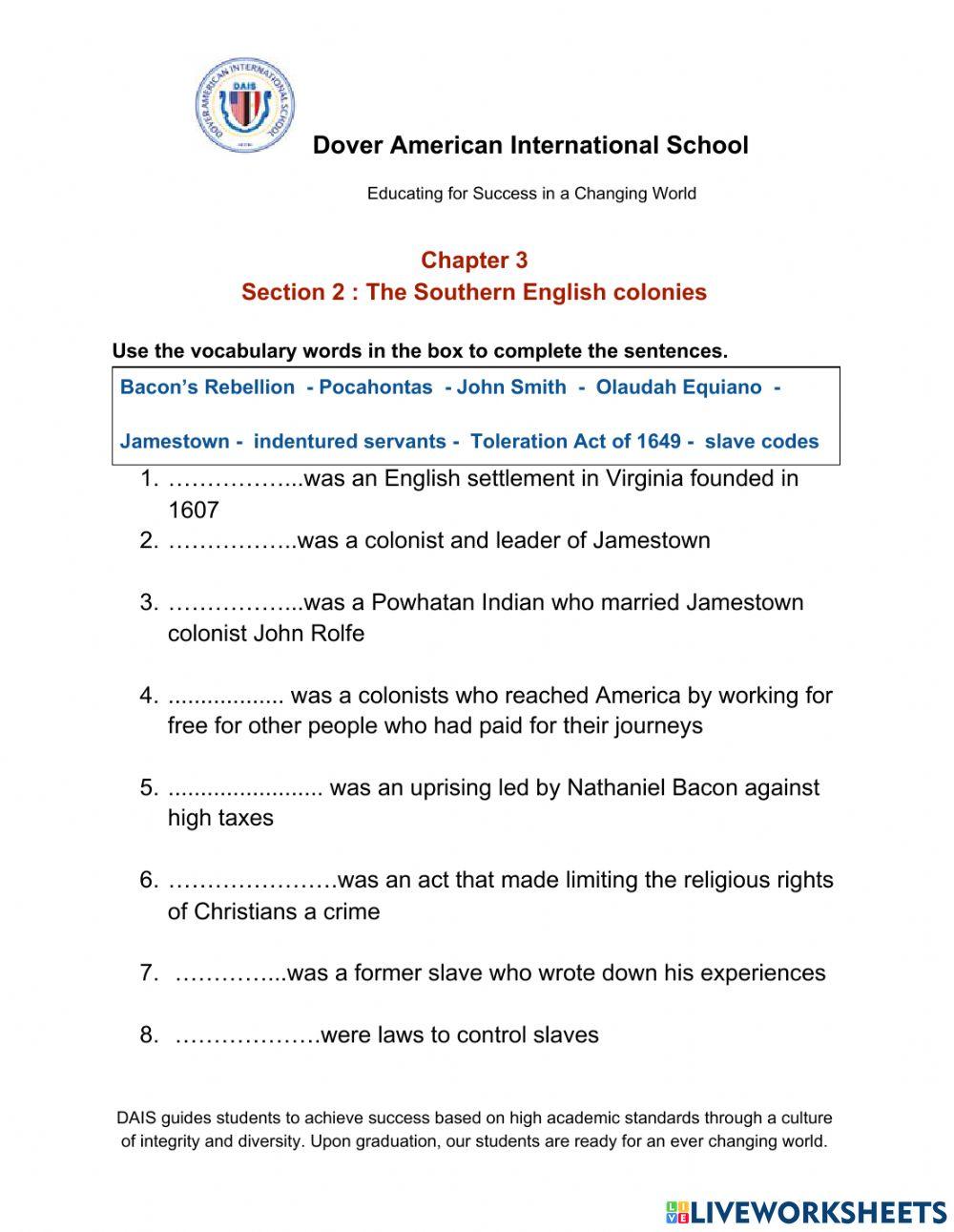 The Southern English colonies worksheet | Live Worksheets