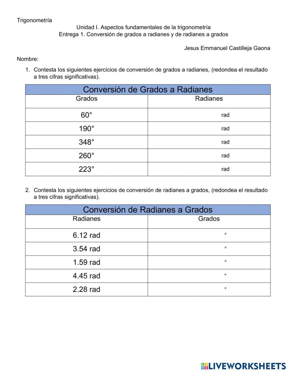 Conversiones de grados a radianes y radianes a grados worksheet | Live ...